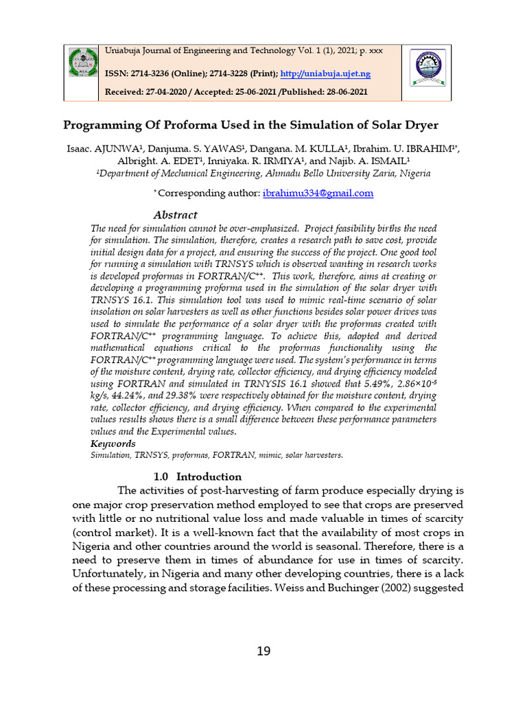 UJET20201021144714-Programming of Proforma Used in The Simulation of Solar Dryer | PDF | Clothes ...