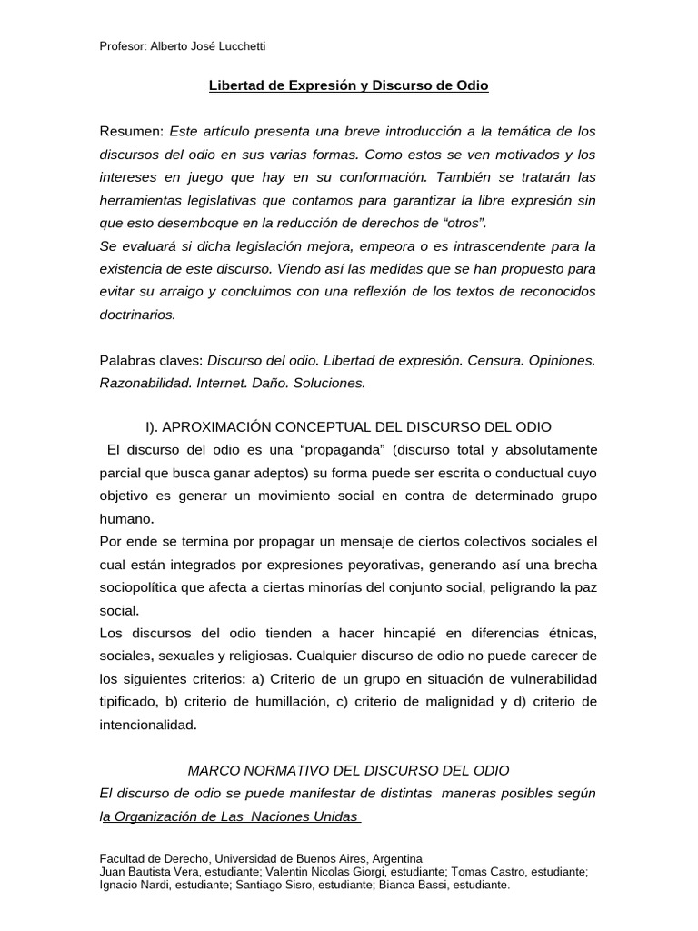 TP Discurso de Odio Grupos 5 y 8 | PDF | Libertad de expresión | El ...