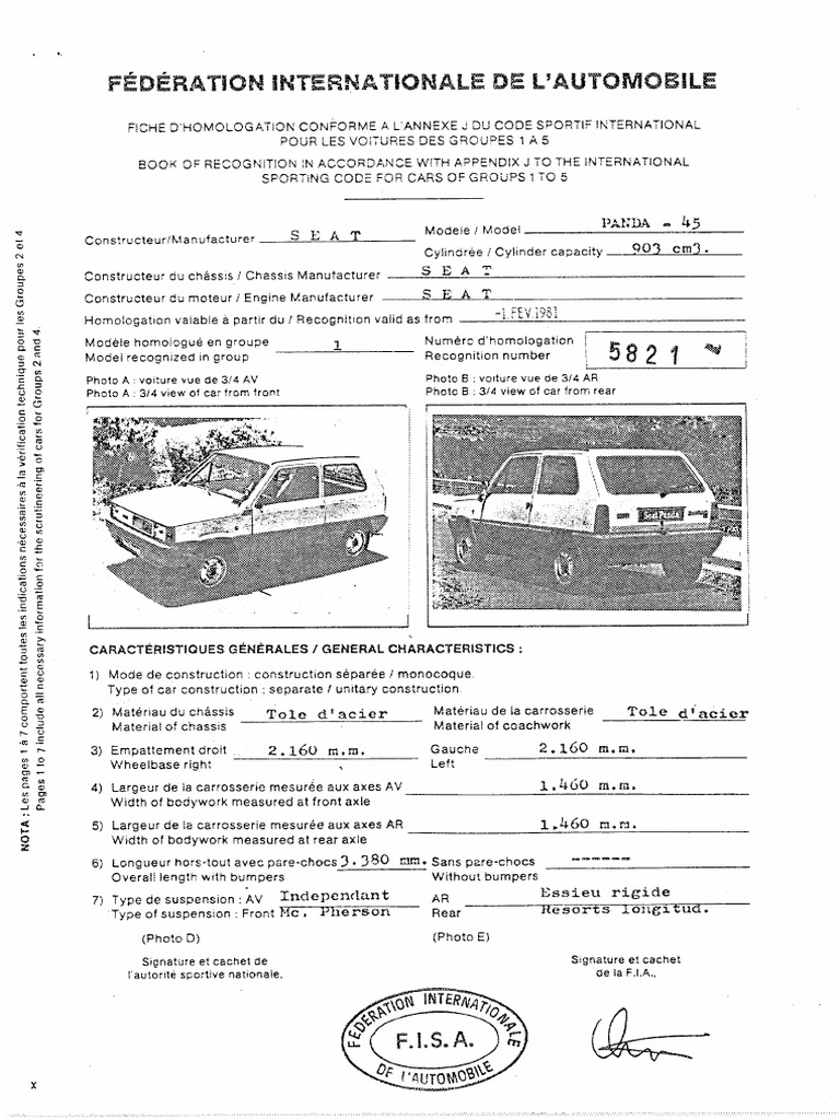 Homologation Form 5821 Group 1 | PDF