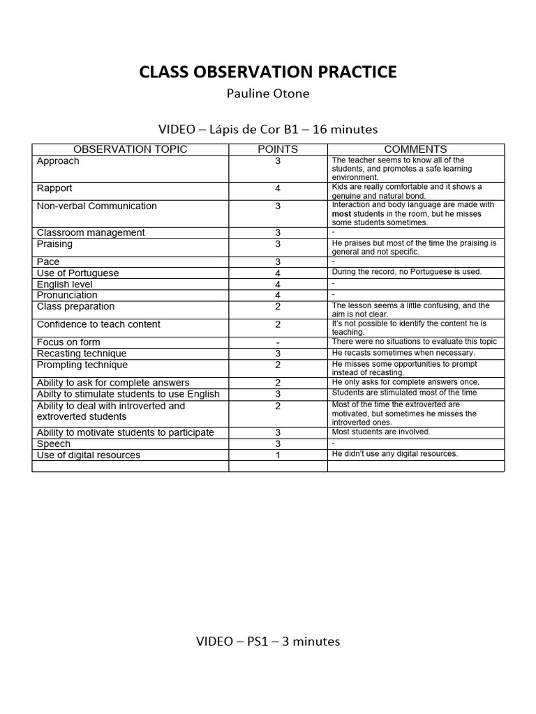 Class observation | PDF | Extraversion And Introversion | Classroom Management