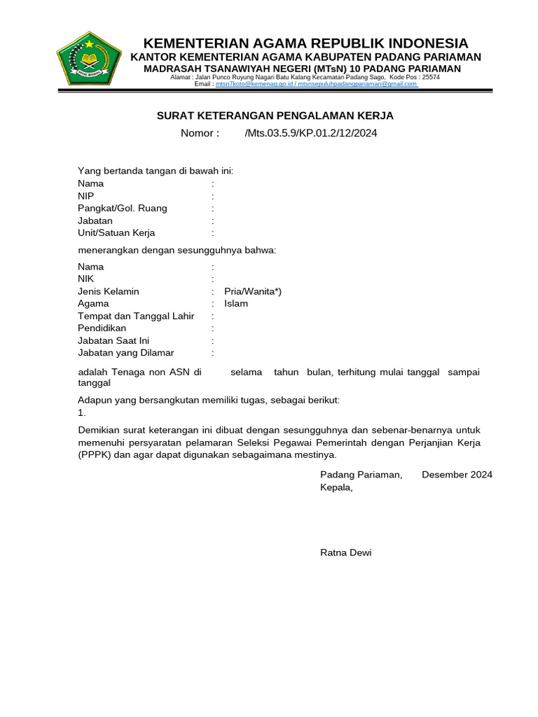 Surat Keterangan Pengalaman Kerja PPPK | PDF