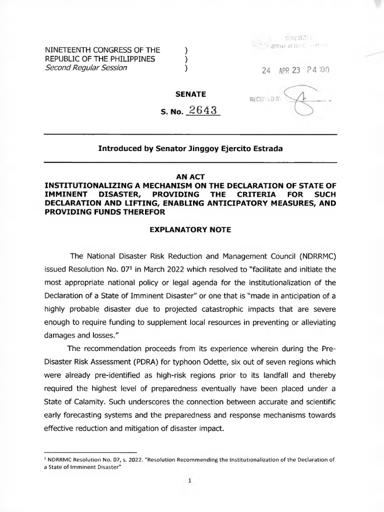 S. No. 2643 - Declaration of State of Imminent Disaster Act by Sen ...