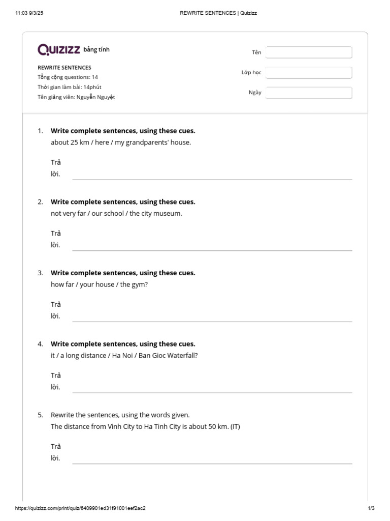 REWRITE SENTENCES - Quizizz-2 | PDF