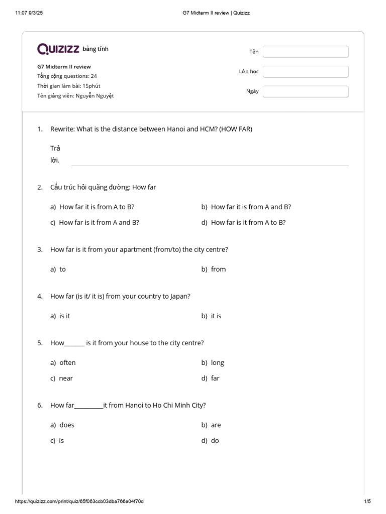 G7 Midterm II Review - Quizizz | PDF | Vietnam