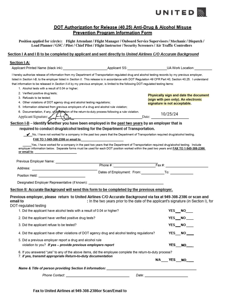 DOT 40.25 Alcohol & Drug Testing Form | PDF | Fax | Aviation