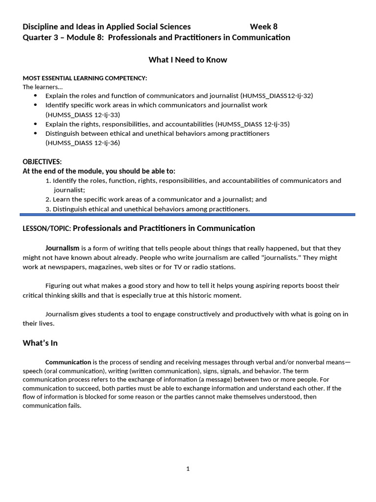 DIASS Q3 Module 8 Week 8 | PDF | Journalism | Communication