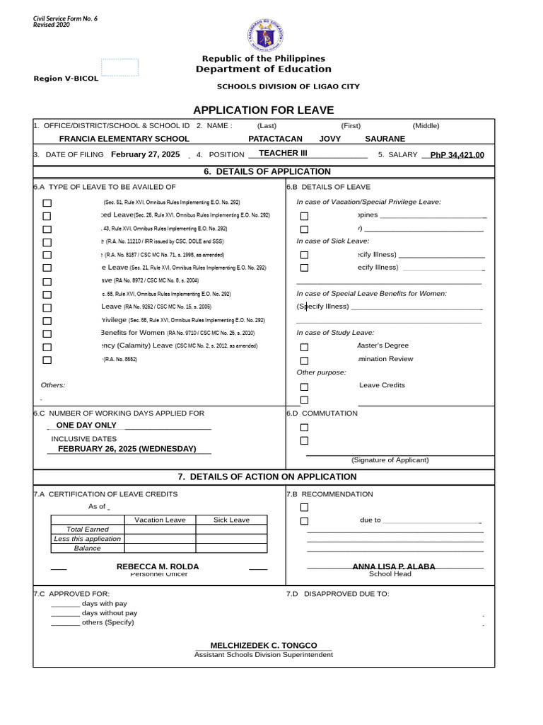 CS Form No. 6 Revised 2020 Application For Leave Fillable | PDF | Parental Leave | Sick Leave