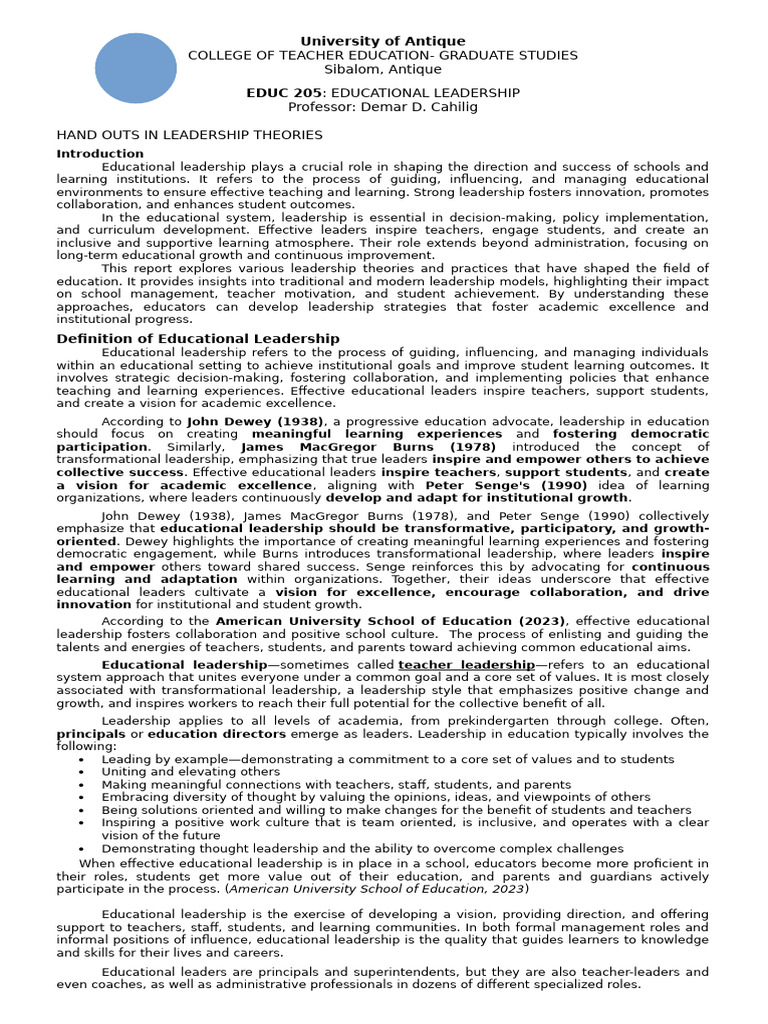 Handouts in Leadership Theories | PDF | Leadership | Transformational ...