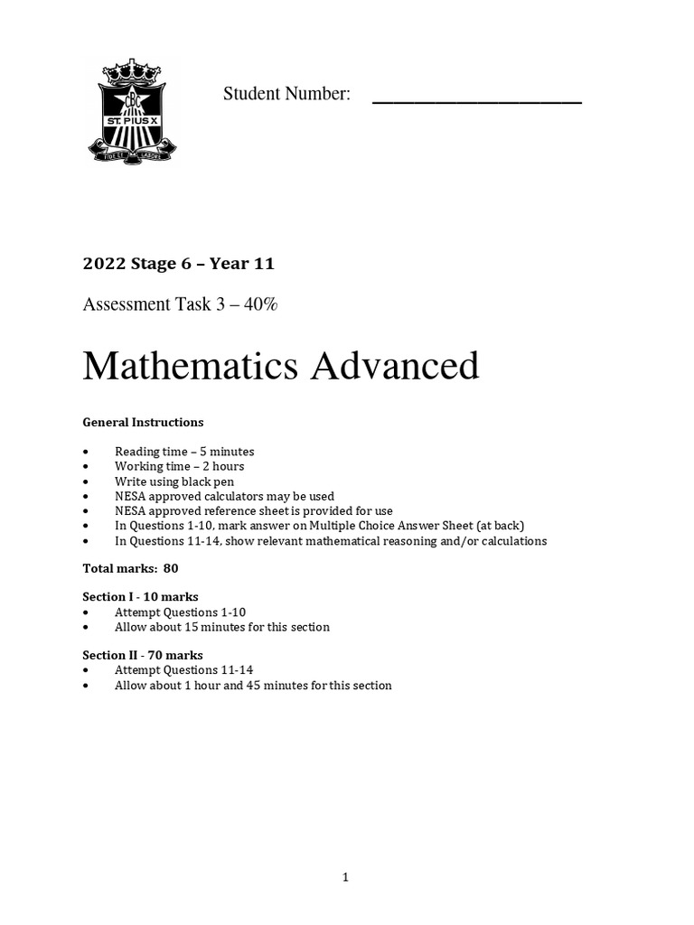 Preliminary Mathematics Advanced Paper 2022 ST Pius X College Chatswood | PDF | Trigonometric ...