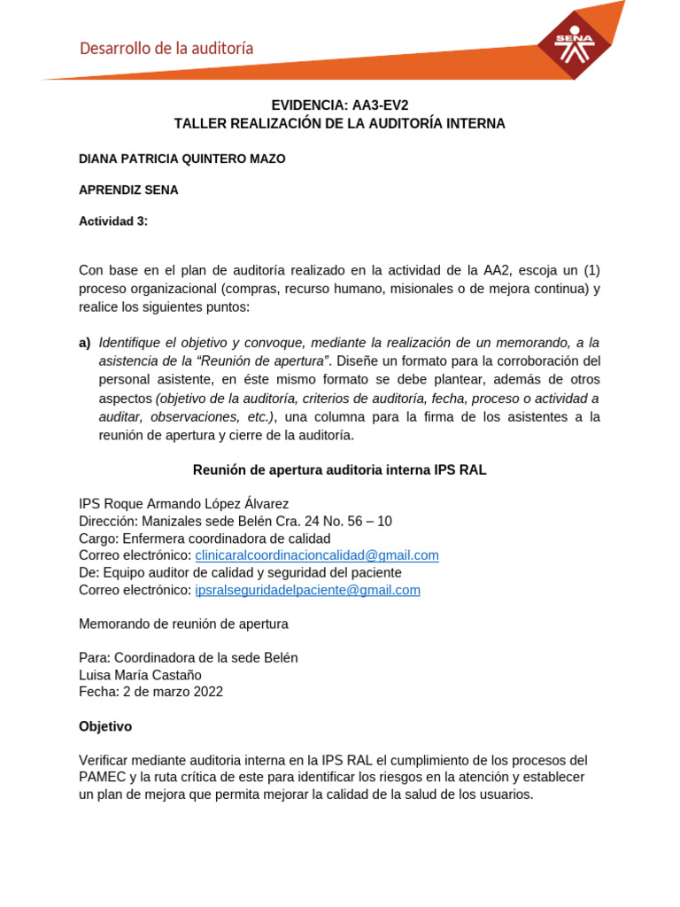 Formato Evidencia AA3 Ev2 Taller | PDF | Auditoría | Seguridad del paciente