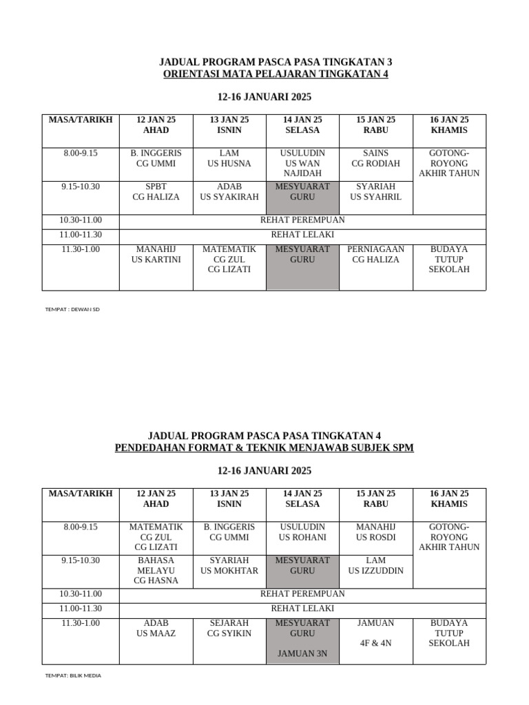 Jadual Program Pasca Pasa Tingkatan 4 | PDF