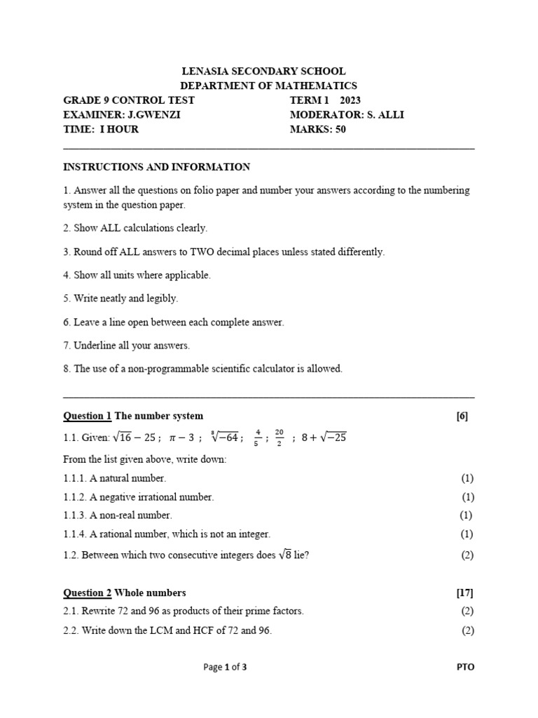 2023 Grade 9 Term 1 Backup Paper | PDF | Numbers | Integer