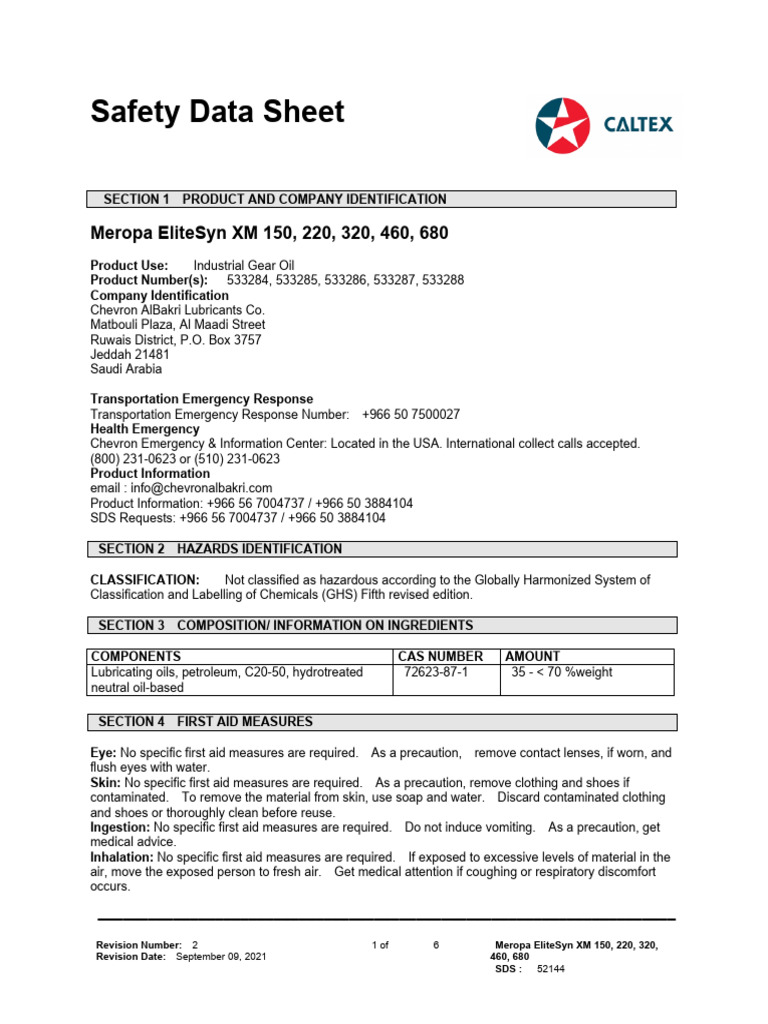 Meropa EliteSyn XM Gear Oil SDS | PDF | Systems Engineering | Workplace