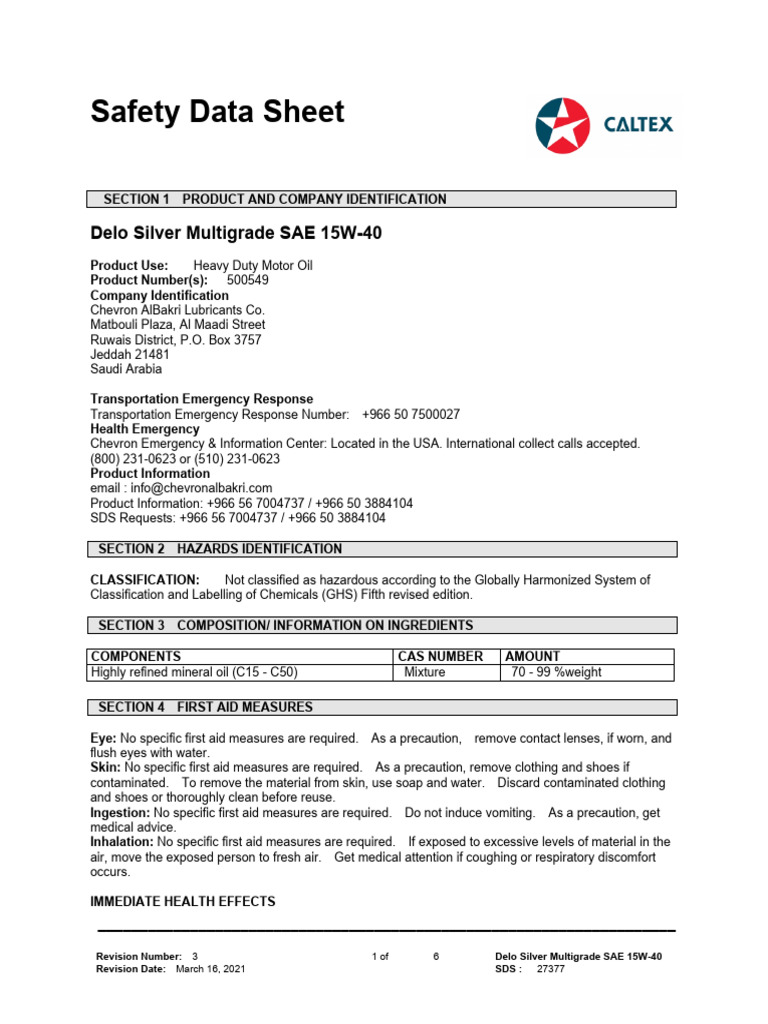 SDS Caltex Delo Silver 15W40 | PDF | Personal Protective Equipment ...