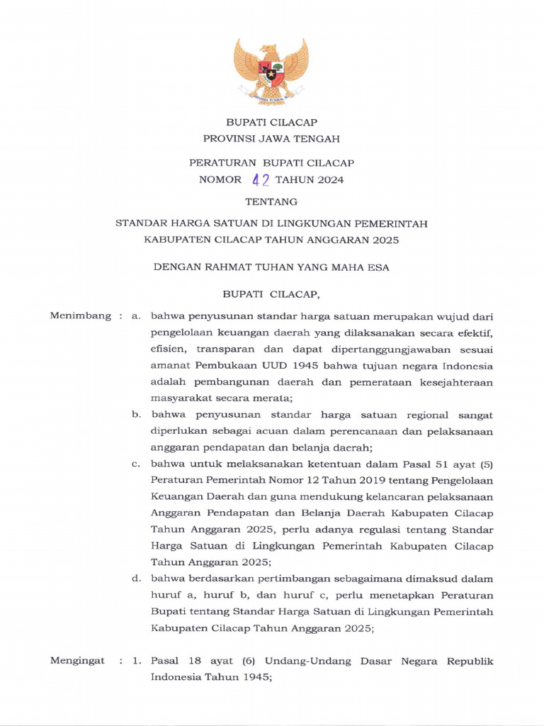 Peraturan Bupati Cilacap 42 Tahun 2024 - SSH 2025 | PDF