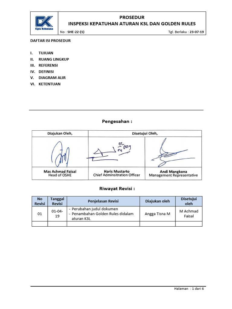 SHE-22 - (1) Inspeksi Kepatuhan Aturan K3L Dan Golden Rules - Rev01 | PDF