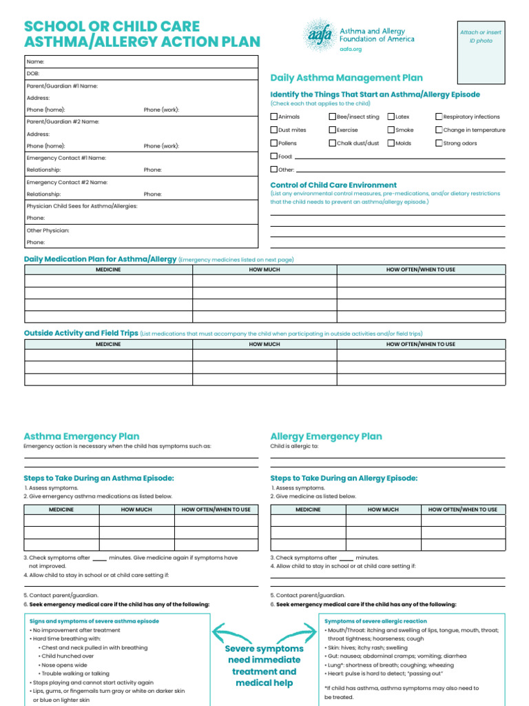 School or Child Care Asthma and Allergy Action Plan | PDF | Allergy ...