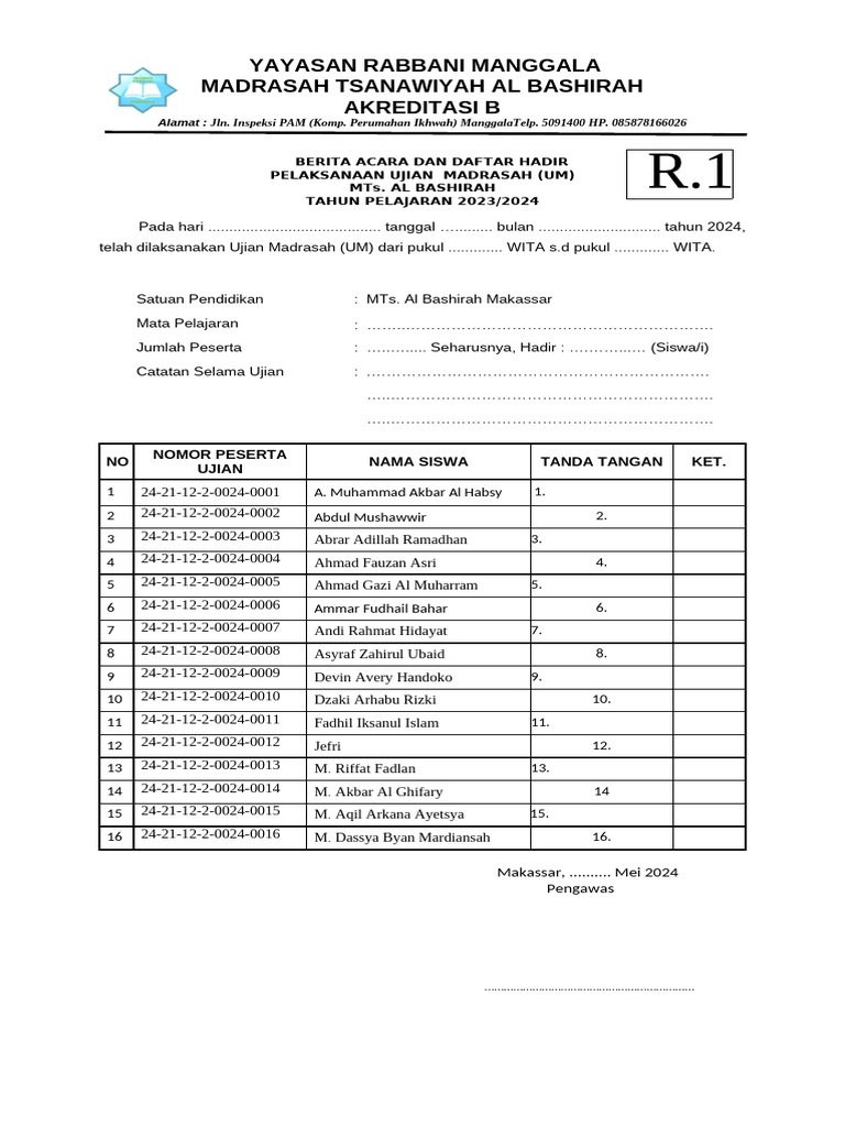 Ujian Madrasah MTs Al Bashirah 2024 | PDF