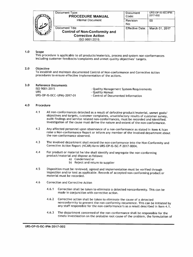 Control of Non-Confonrnity and Corrective Action | PDF | Systems ...