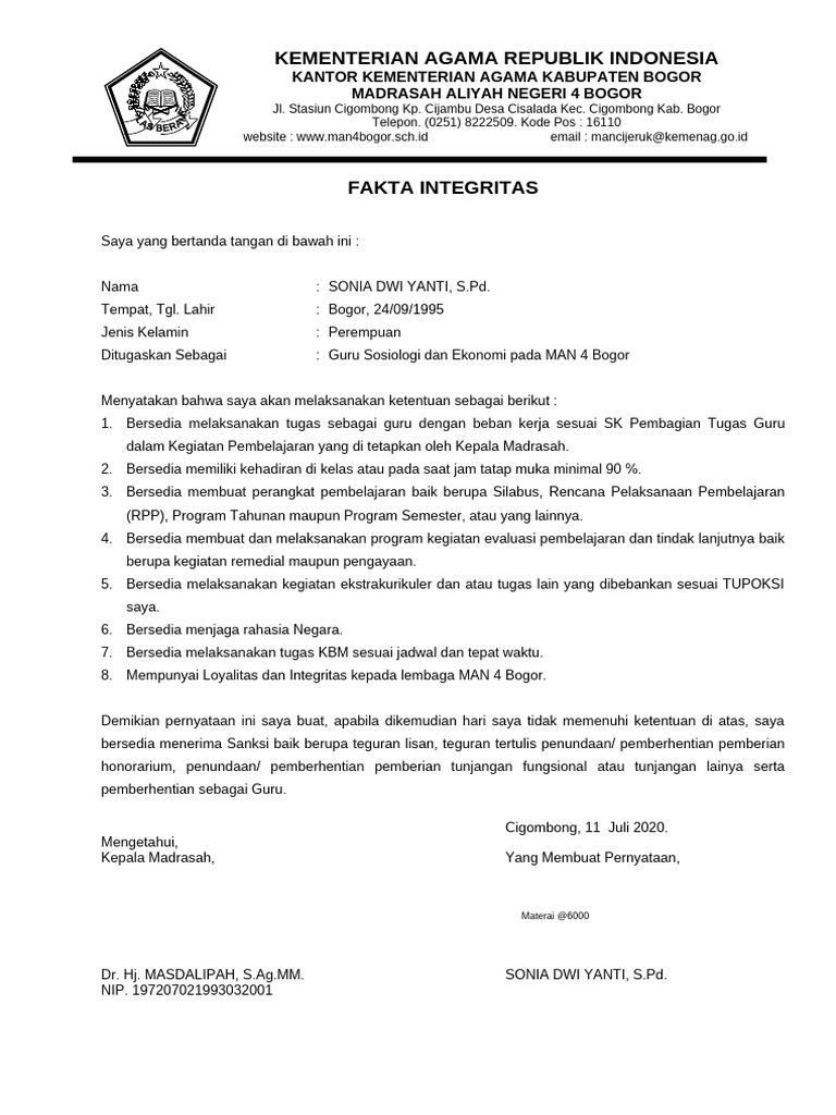 Fakta Integritas Guru MAN 4 Bogor | PDF