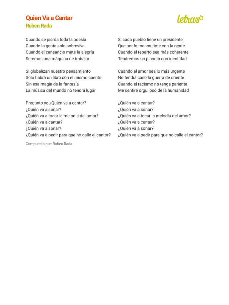 QUIEN VA A CANTAR - Ruben Rada (Impresi-N) | PDF