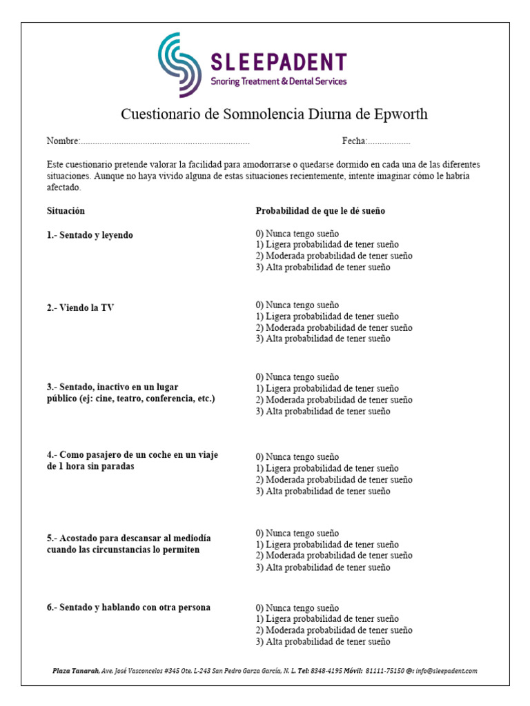 Cuestionario de Somnolencia Diurna | PDF | Dormir | Fisiologia Animal