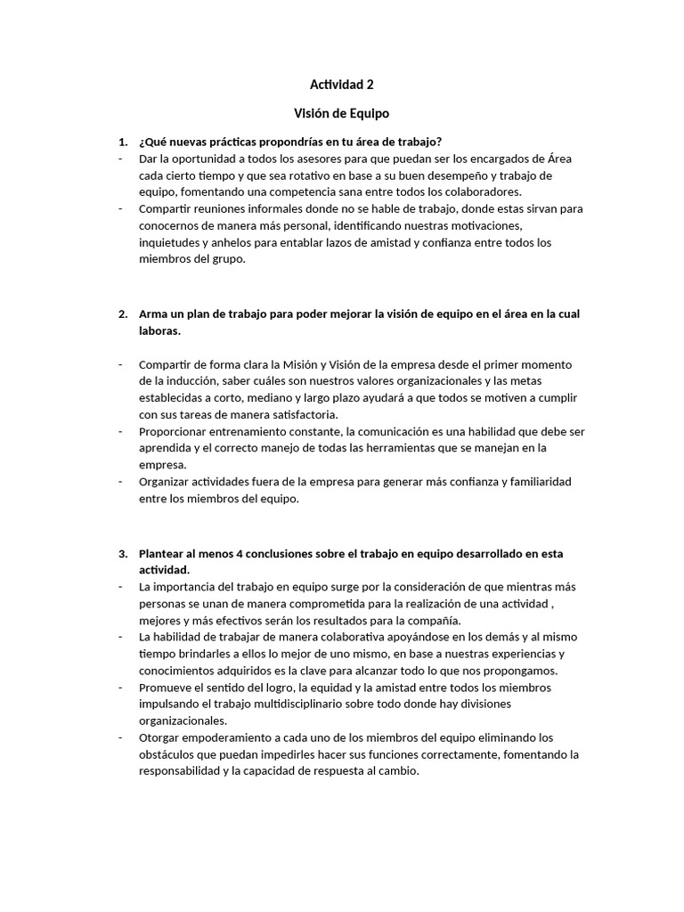 Mejora de la Visión de Equipo Laboral | PDF