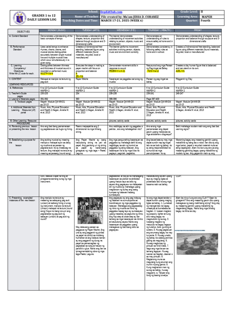 DLL - Mapeh 2 - Q4 - W6 | PDF