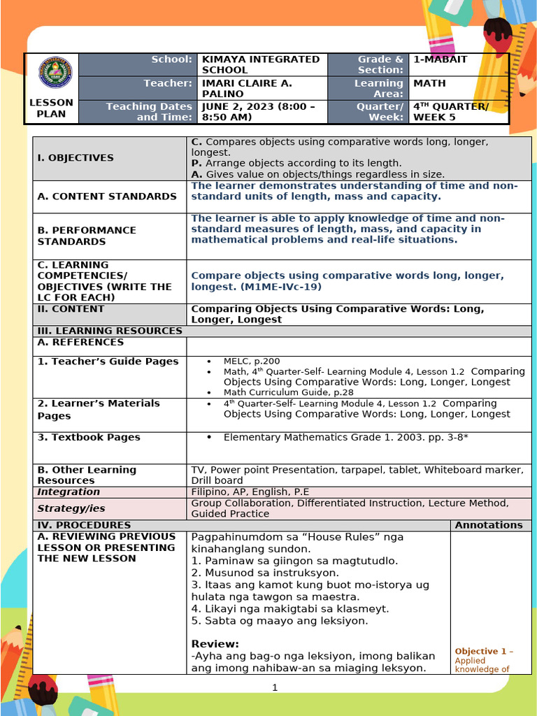 Final Cot2 Lesson Plan Math | PDF