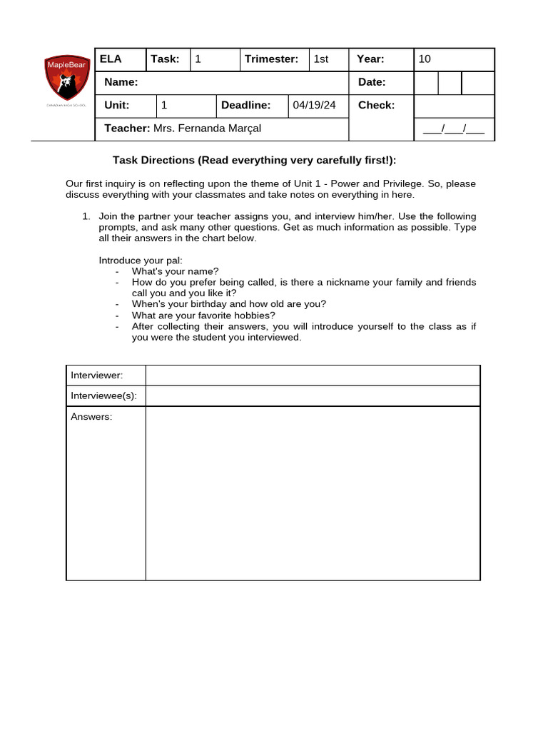 Cópia de Y10 - UNIT 1 - TASK 1 | PDF | Human Communication