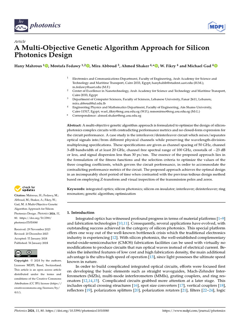 photonics-2024 - A Multi-Objective Genetic Algorithm Approach | PDF | Bandwidth (Signal ...