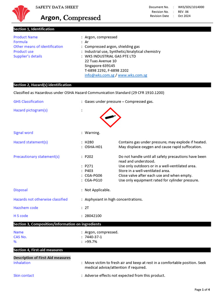 Compressed Argon Safety Data Sheet | PDF | Personal Protective Equipment | Firefighting