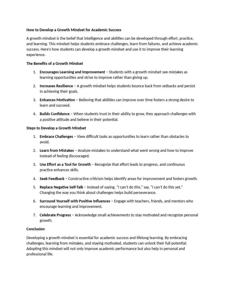 How To Develop A Growth Mindset For Academic Success | PDF