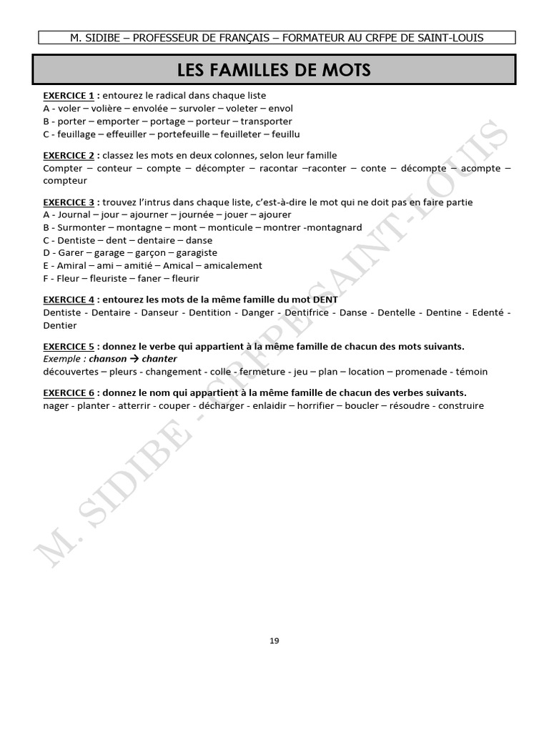 Exercices sur les familles de mots | PDF