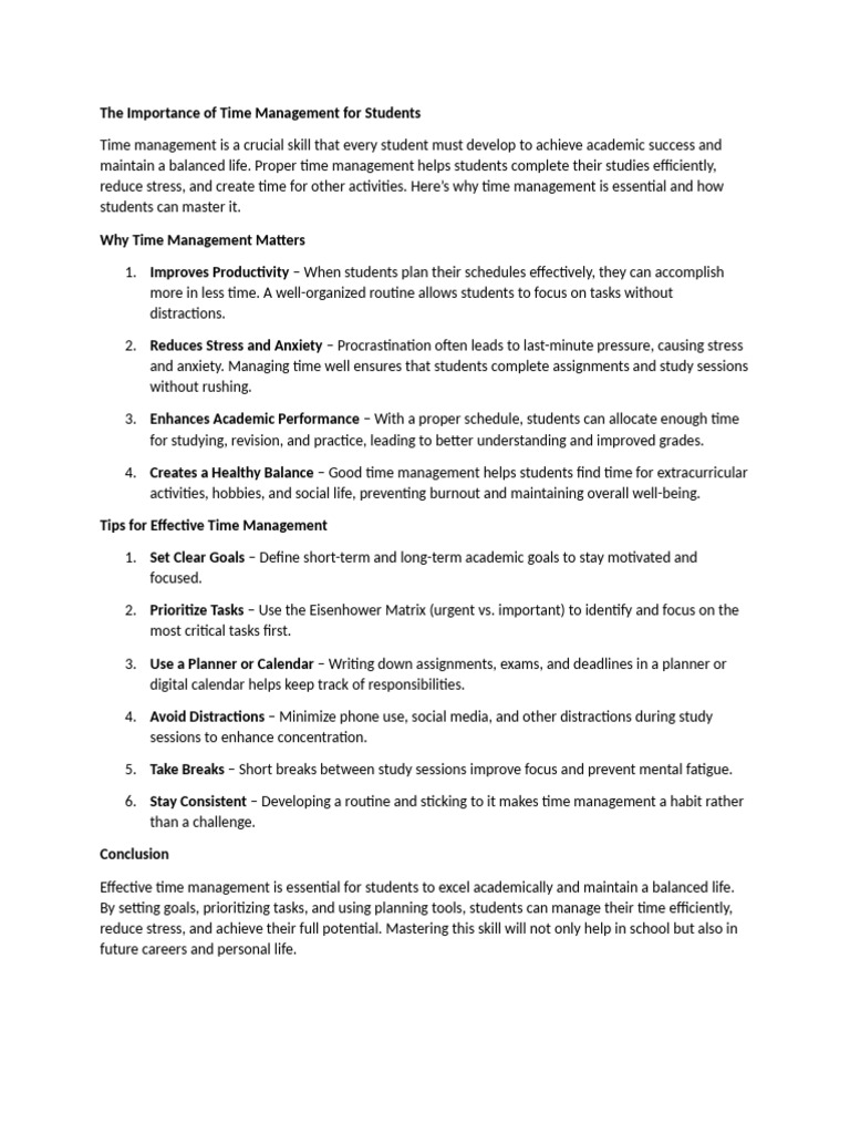 The Importance of Time Management For Students | PDF