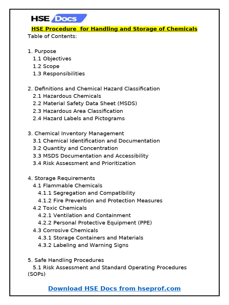 HSE Procedure Handling and Storage of Chemicals 1 | PDF | Personal ...