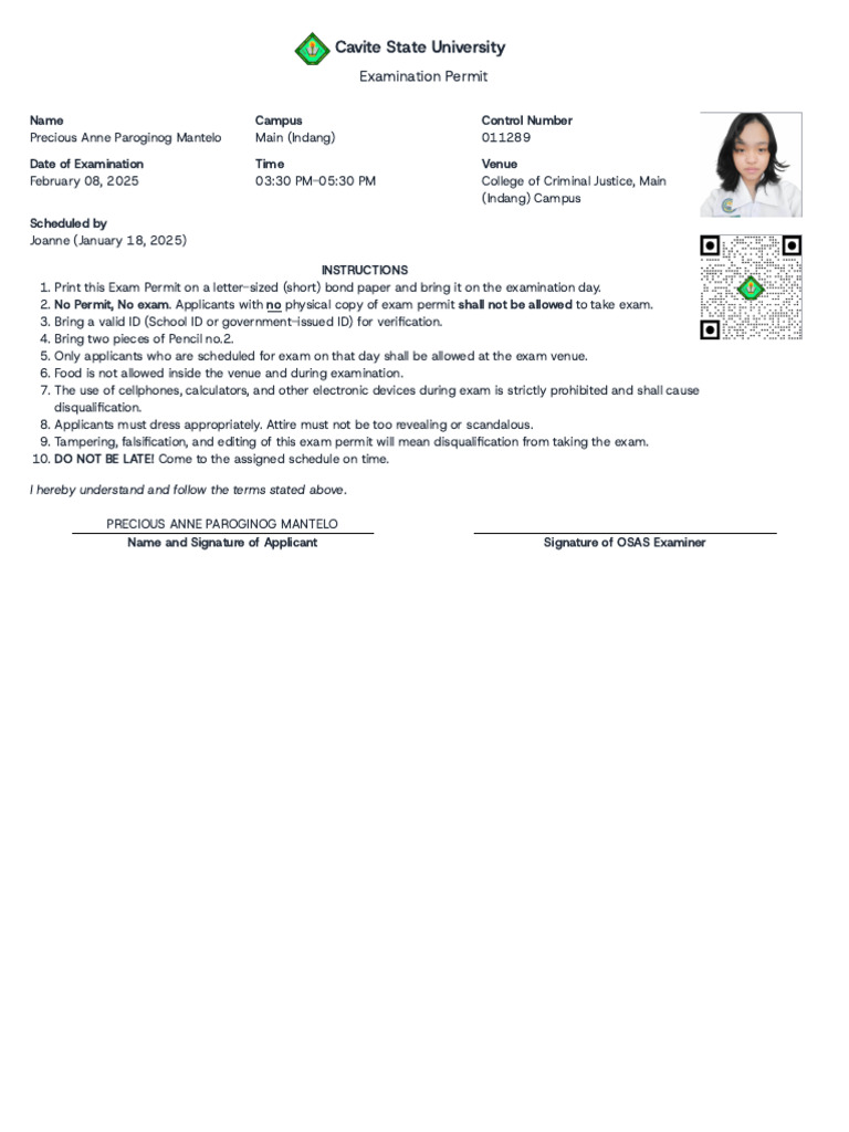 Cavite State University Exam Permit | PDF
