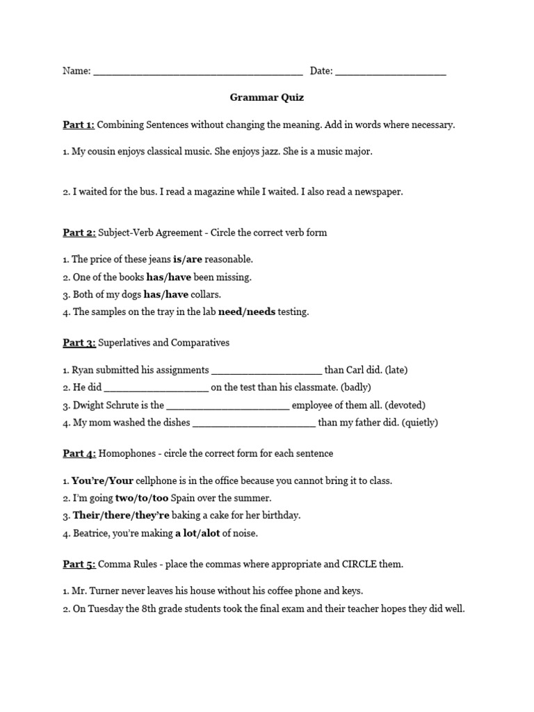 Grammar Quiz: Sentence Structure & Rules | PDF