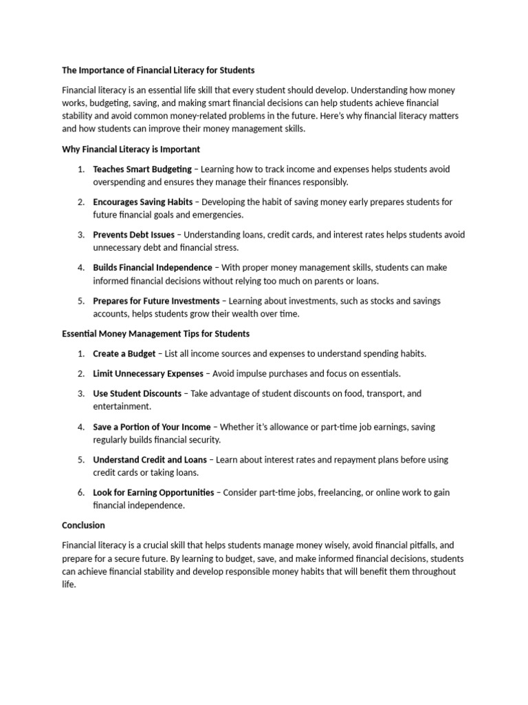 Essential Financial Literacy for Students | PDF