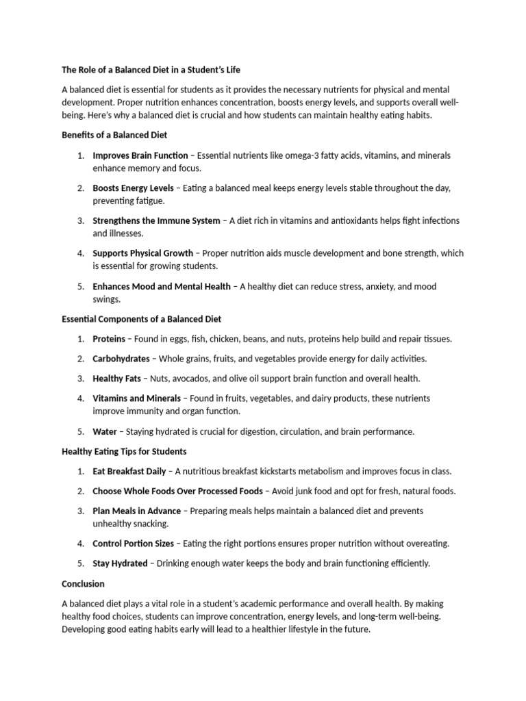 Importance of Balanced Diet for Students | PDF