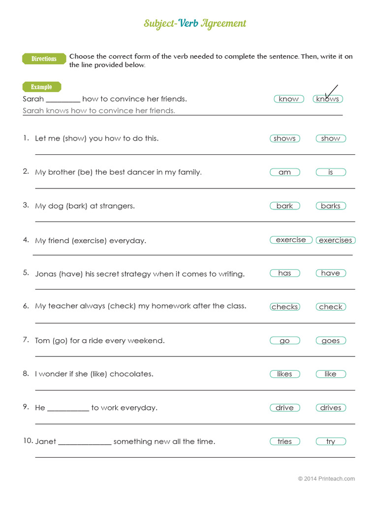 Subject-Verb Agreement Exercises | PDF