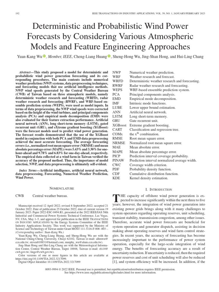 Deterministic and Probabilistic Wind Power Forecasts by Considering Various Atmospheric Models ...