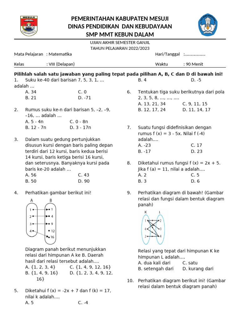 SOAL UTS MTK SMP Kelas VIII | PDF