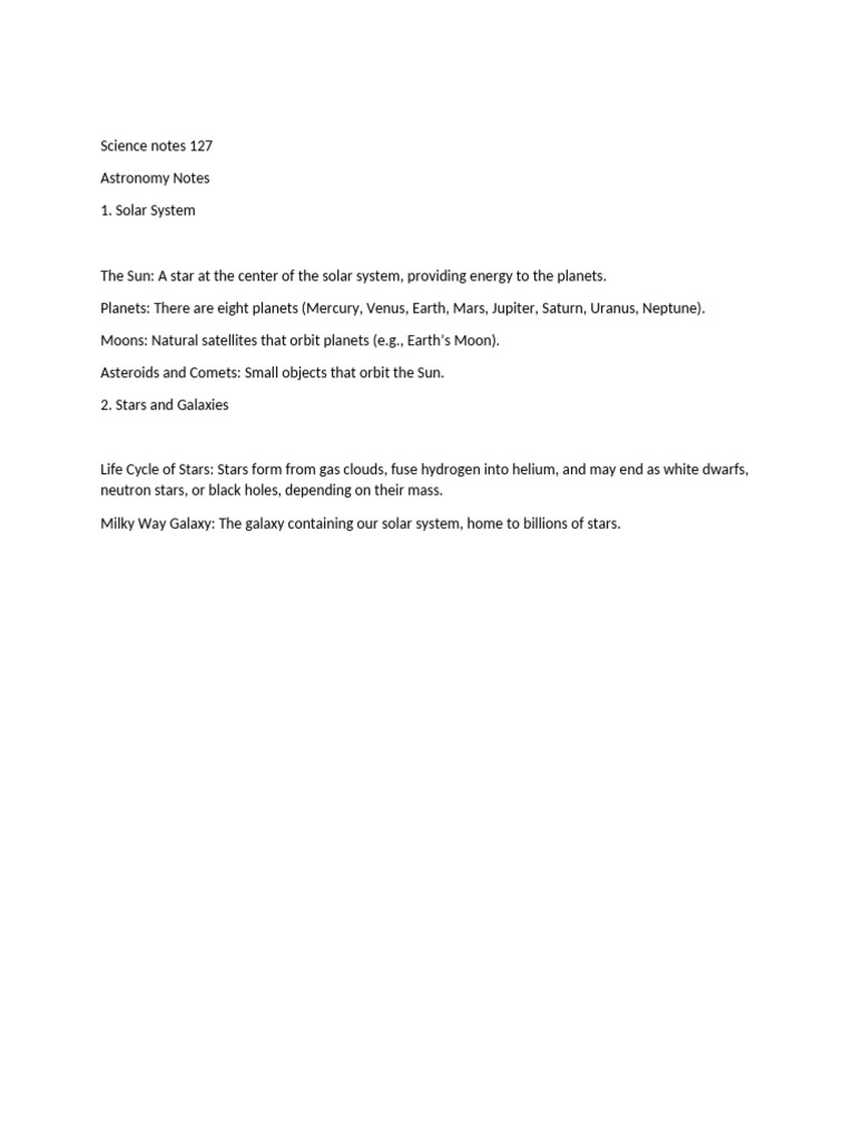 Astronomy Notes: Solar System & Stars | PDF