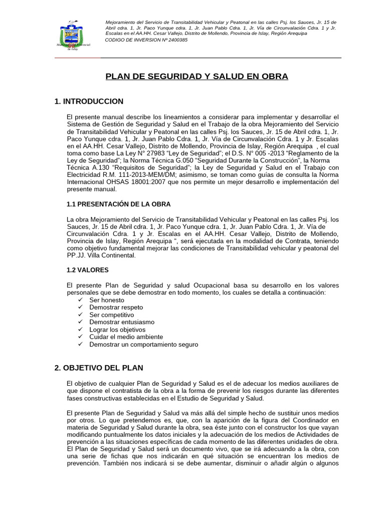 Plan de Seguridad | PDF | Seguridad y salud ocupacional | Evaluación de riesgos