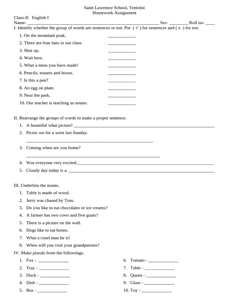 Class II English Homework Assignment | PDF