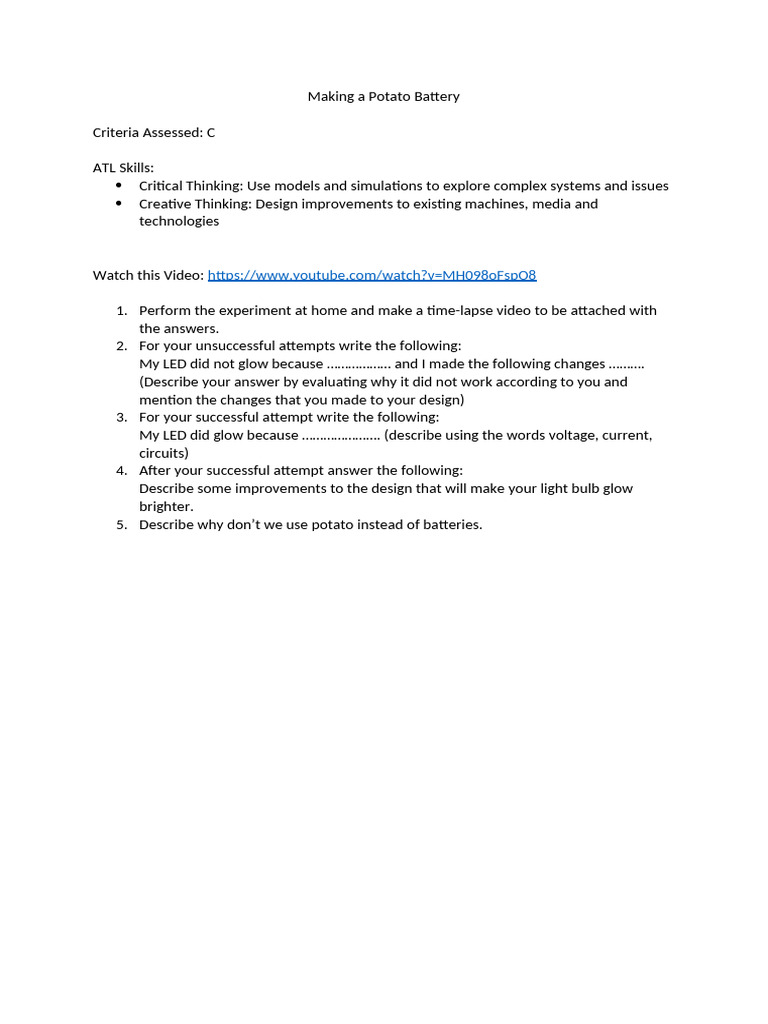 Unit 2 FA1 MYP3 Potato Battery | PDF