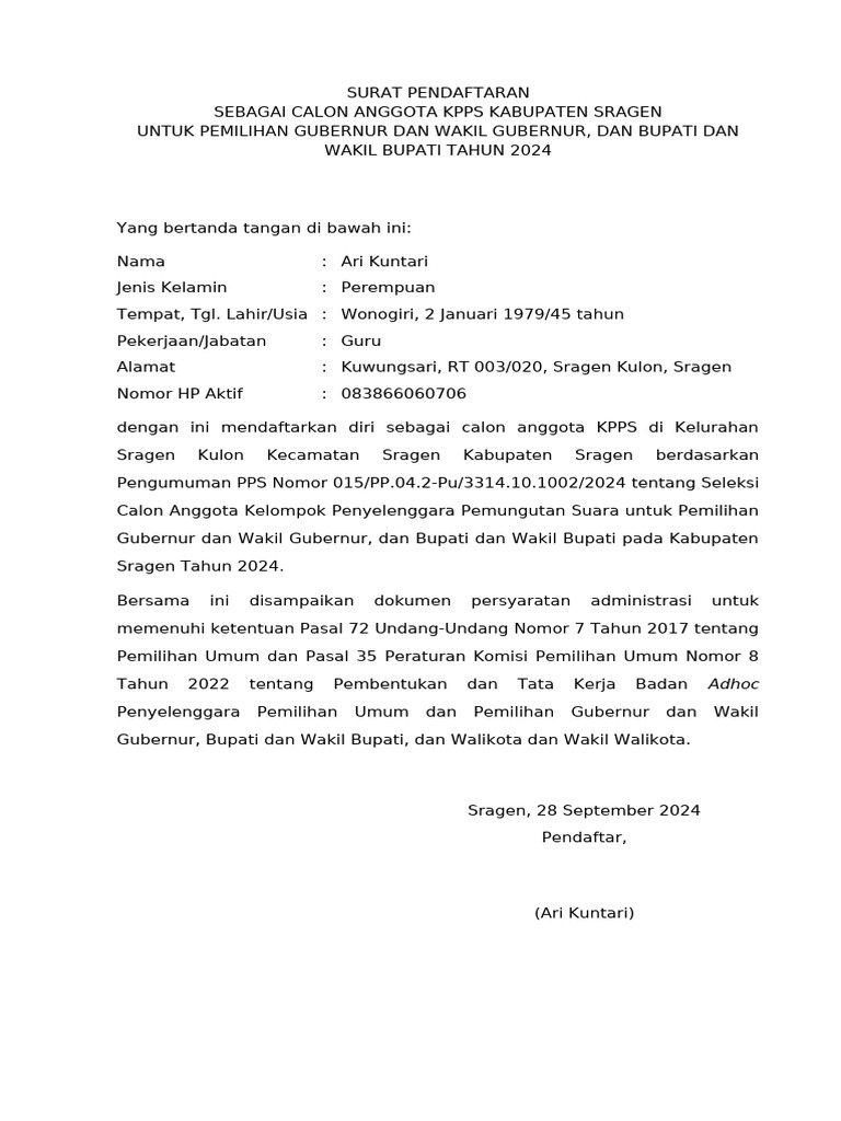 Formulir Surat Pendaftaran - KPPS | PDF