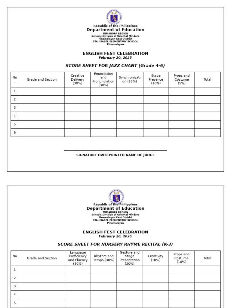 Score Sheet for English Month Celebration | PDF