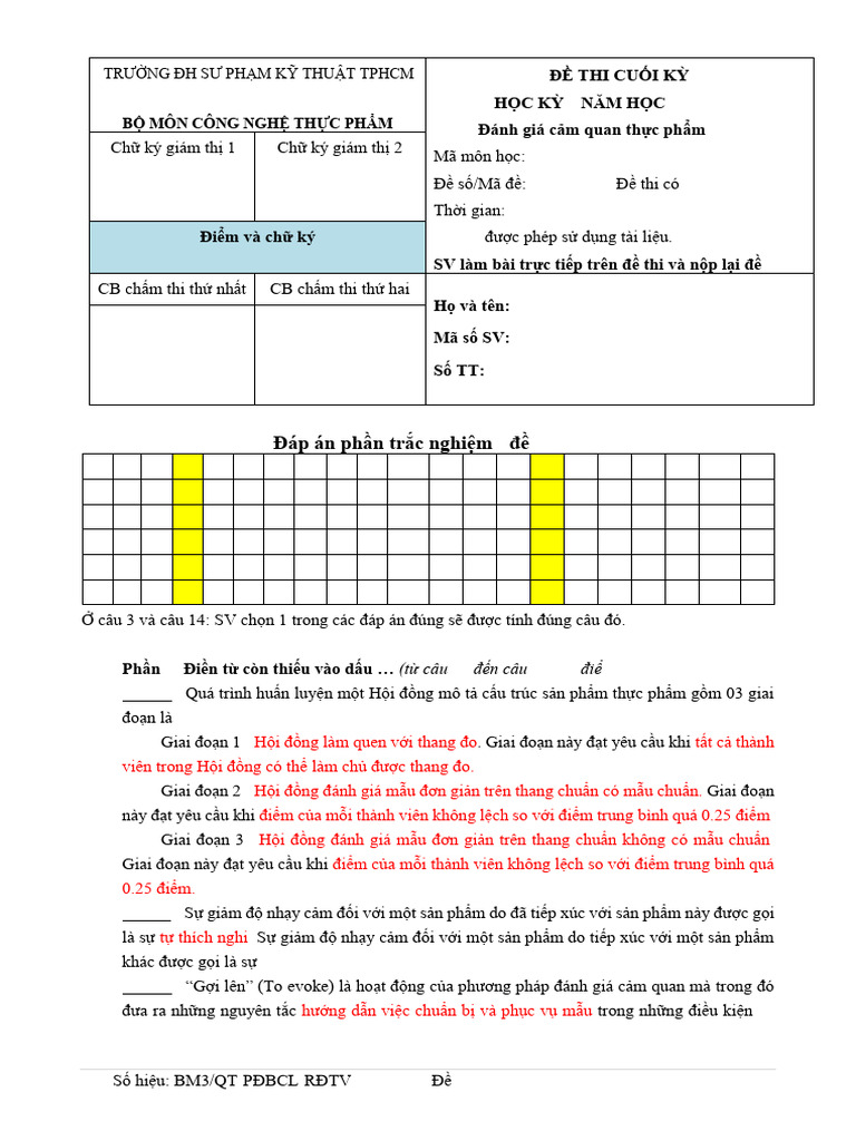 FOSE421450 - Đánh giá cảm quan thực phẩm - Đề DT01 - Đáp án (chuẩn) | PDF